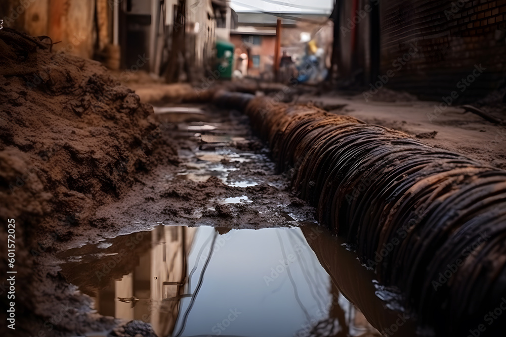 broken pipe that leaks water, water leak from public consumption pipe ...