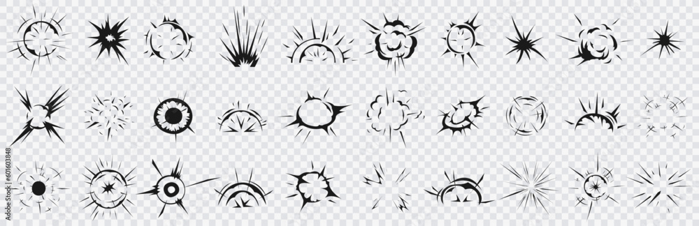 Radial explosion silhouette. Exploding bursts, round explosions cloud ...