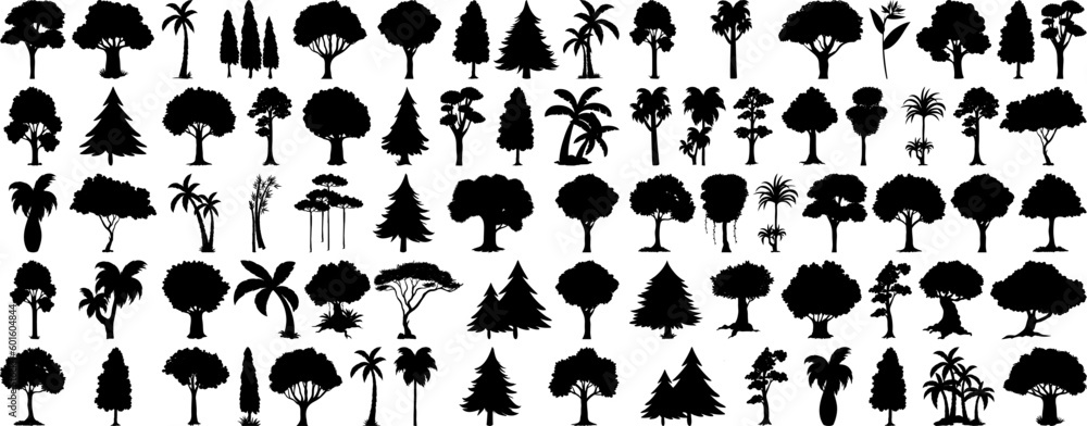 silhouette tree line drawing set, Side view, set of graphics trees ...