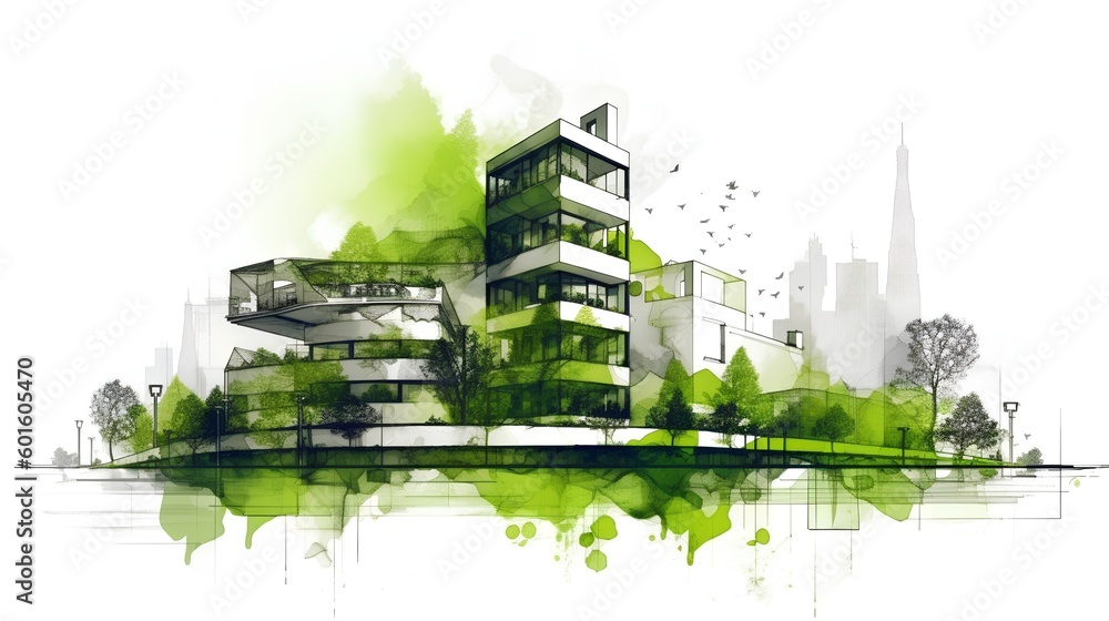 Sketch of green architecture, illustrating a sustainable development ...