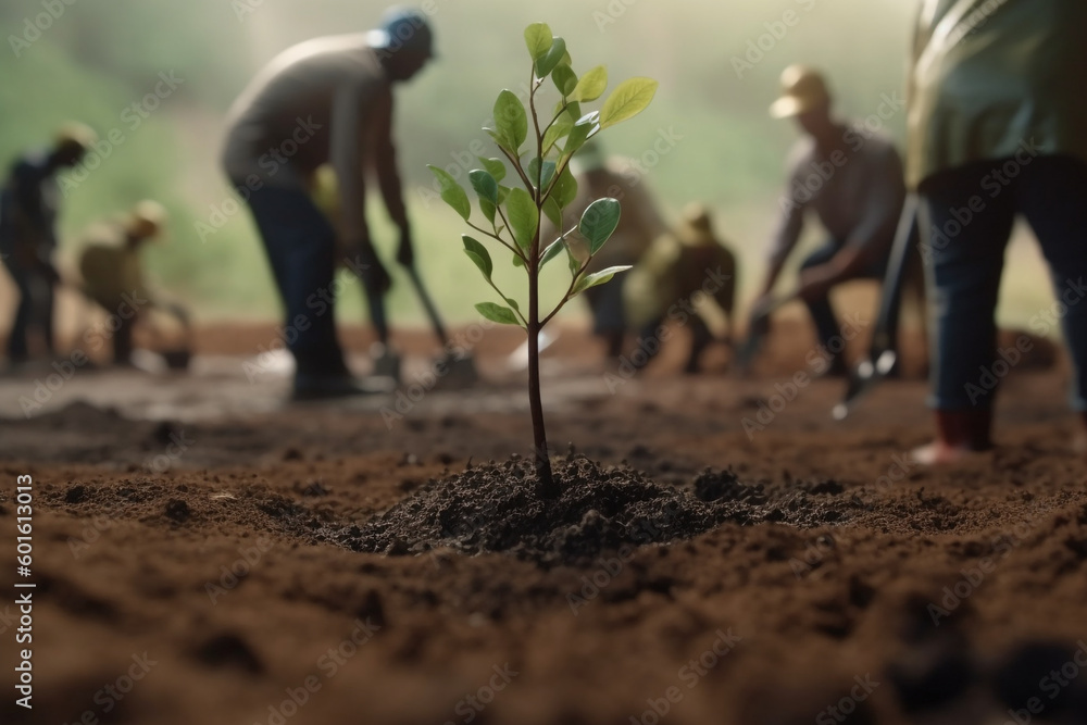 Team of businessmen and community members planting trees for ...
