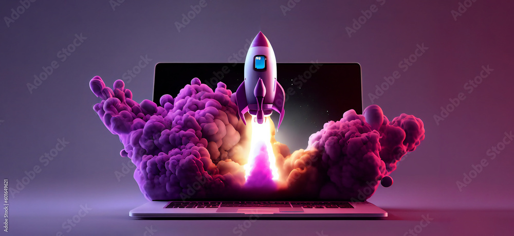 Rocket coming out of laptop screen, black purple background. Generative ai Stock Illustration ...
