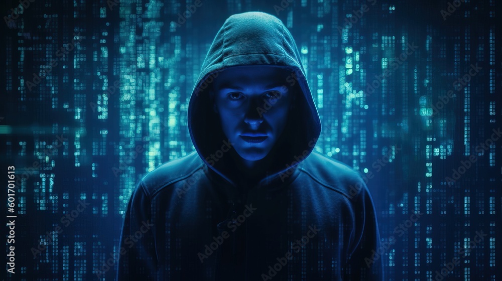 Computer hacker in hoodie with matrix code instead his face on blue digital background. Data ...