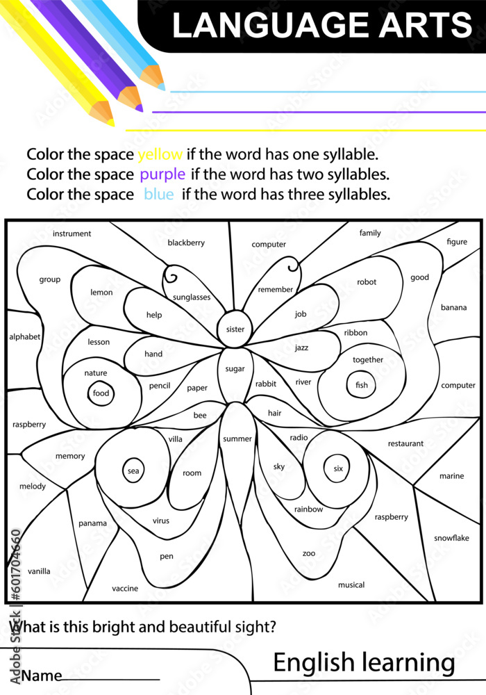 English learning. Butterfly. Task coloring the space if the word has ...