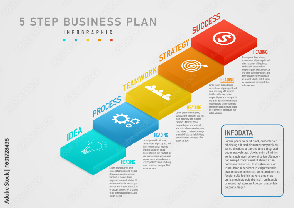 3d infographic template 5 steps business plan for success multi colored squares left and right ...