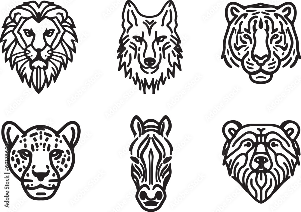 Wild Animals face bold line art vector silhouette set of tattoo icons ...