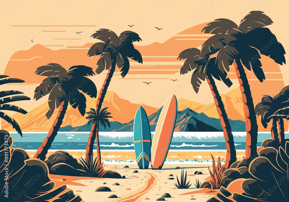 Ocean beach with surfboards. Surfing on the island against the ...