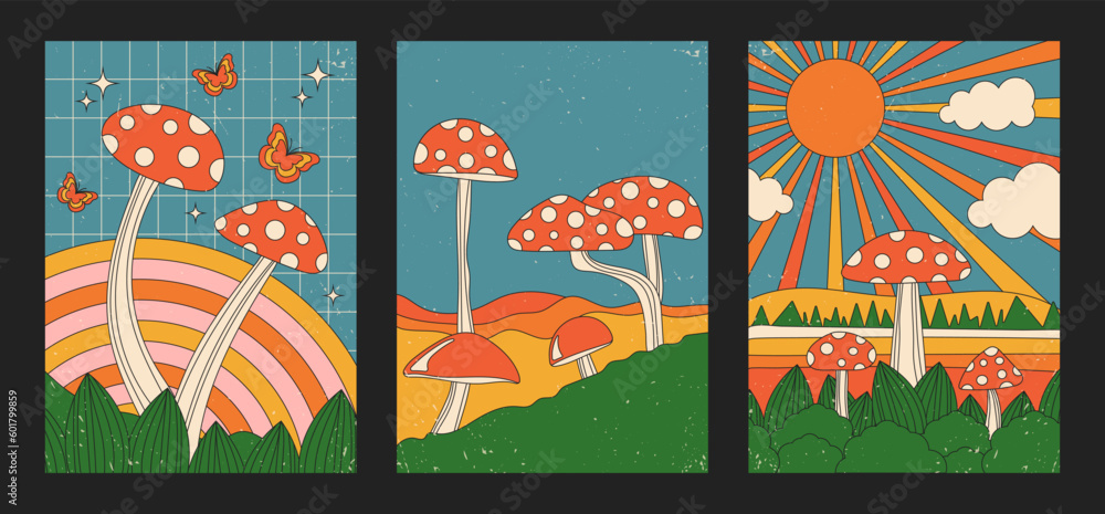 Retro landscape posters with landscaping, sun and mushrooms. Can be ...