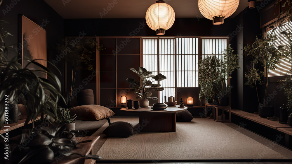 Interior design. Modern living room with katana, lamp, tatami floor ...