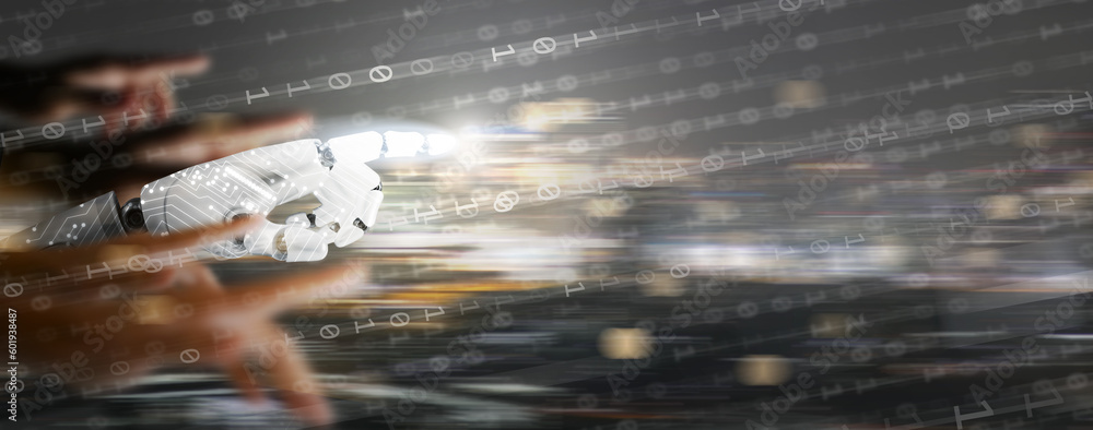 AI singularity. Robotic hand overtake human hands. The moment ...