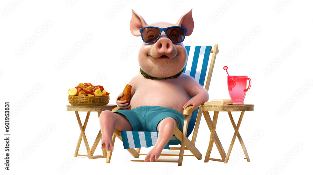 happy pig relaxing on a deckchair holiday concept, transparent ...