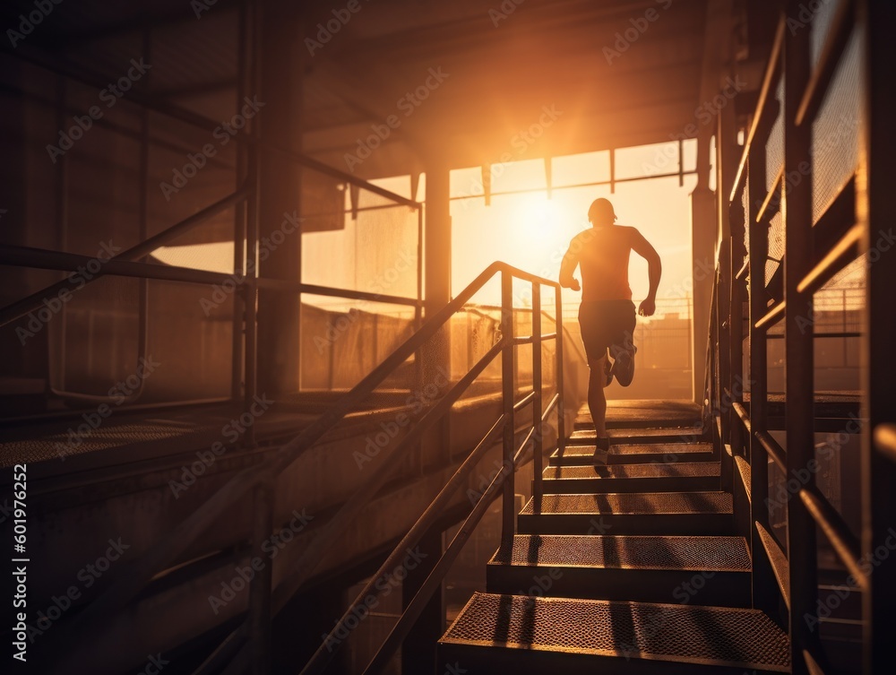 Backlit shot of a jogger running down the metal stairs of an industrial ...
