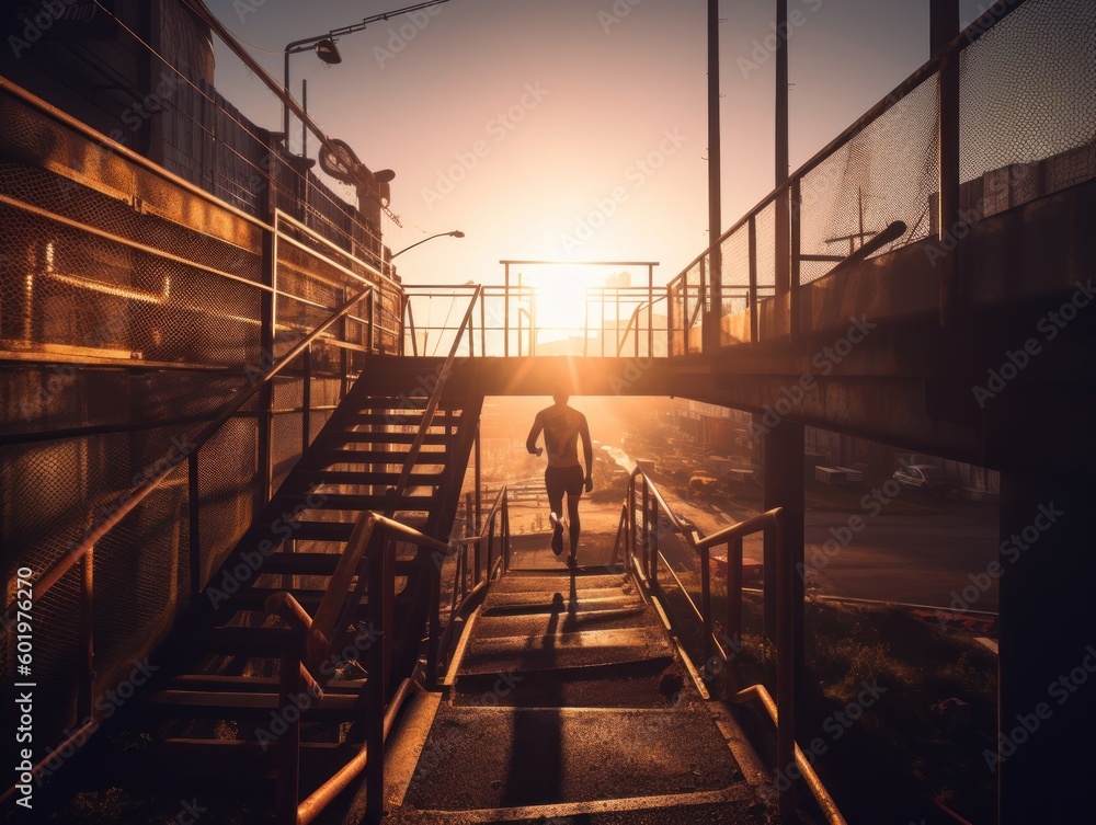 Backlit shot of a jogger running down the metal stairs of an industrial ...