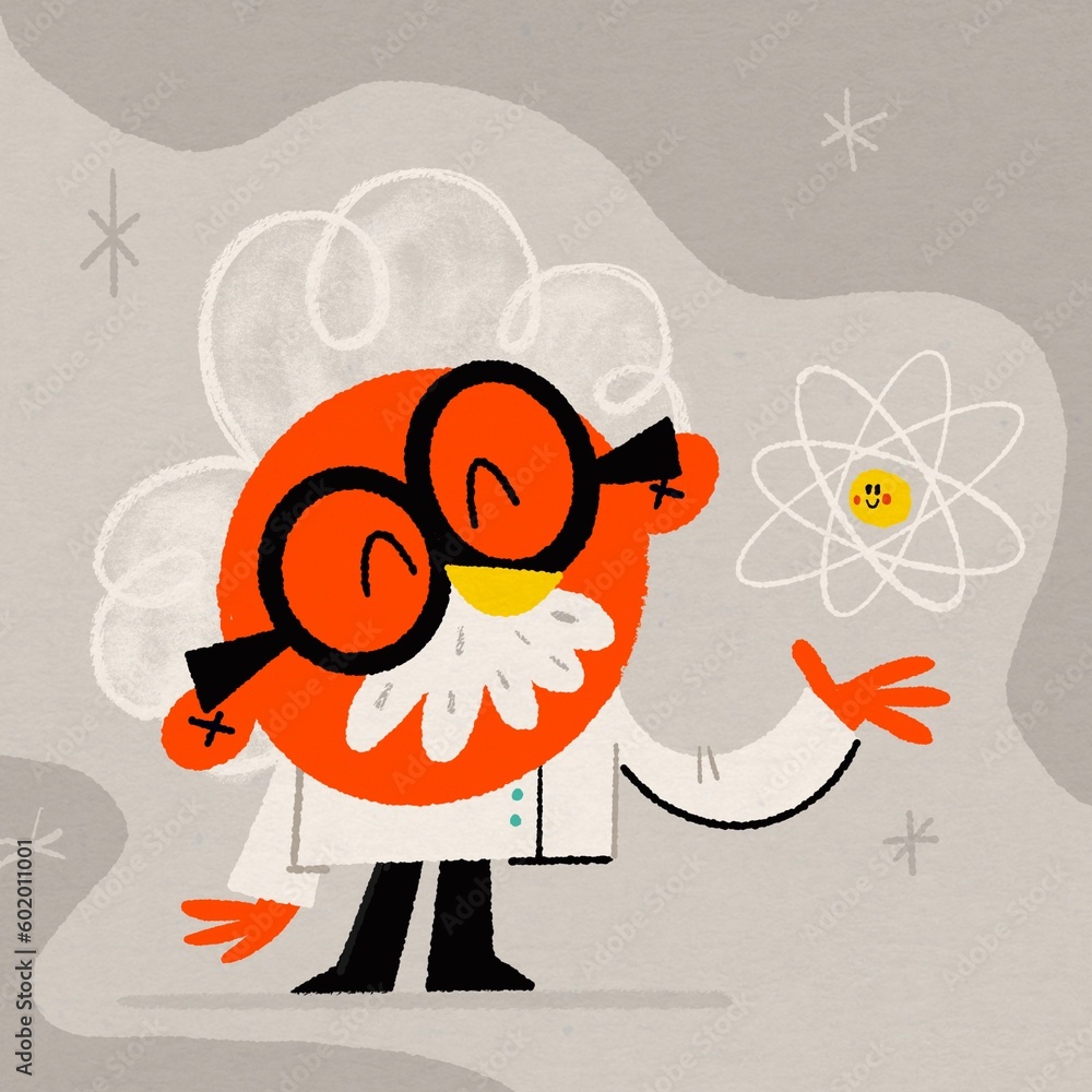 Happy Einstein-like Scientist and Cute Atom Cartoon in Retro Mid ...