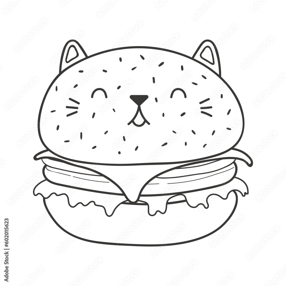 Vector de Stock Cute hamburger with kawaii cat face cartoon character illustration. Hand drawn ...