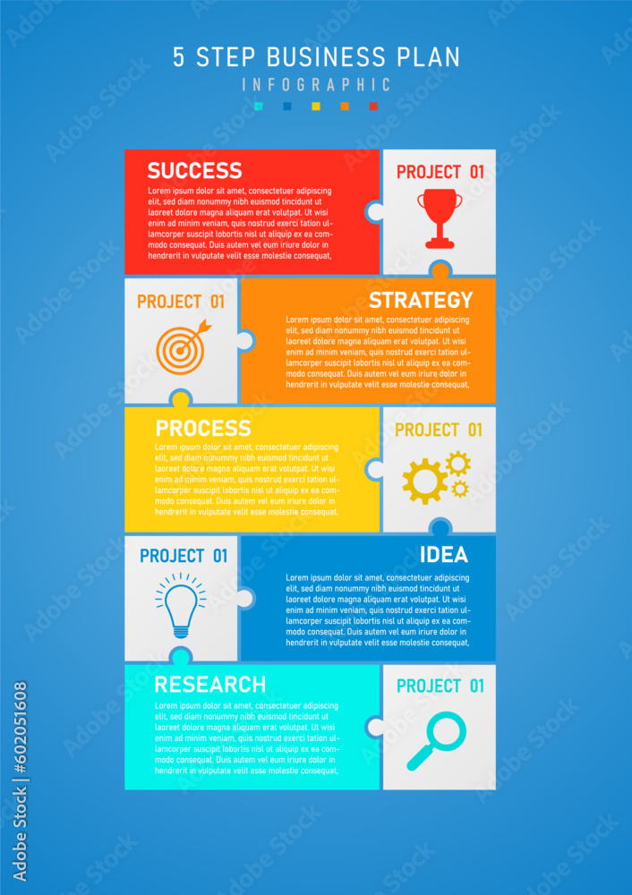 infographic 5 steps business plan success vertical template Multi colored squares, colored icons ...