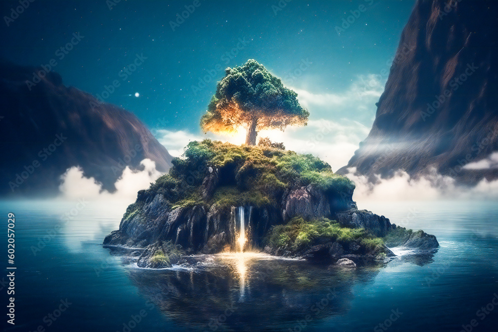 Ilustración de Stock Surreal dream giant tree growing on a giant rock ...