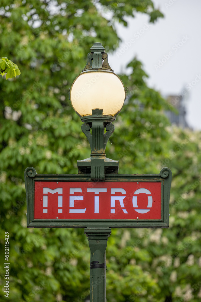 Paris, France, April 28th 2023. red and white Paris metro sign with ...