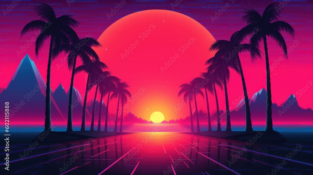 Retrowave sunset with palm trees wallpaper background. 90s era ...