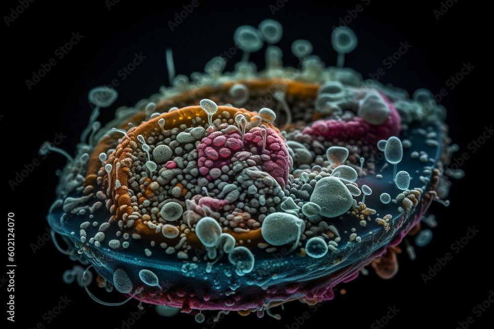 A photo of bacteria on the surface of a human cell, with the intricate ...
