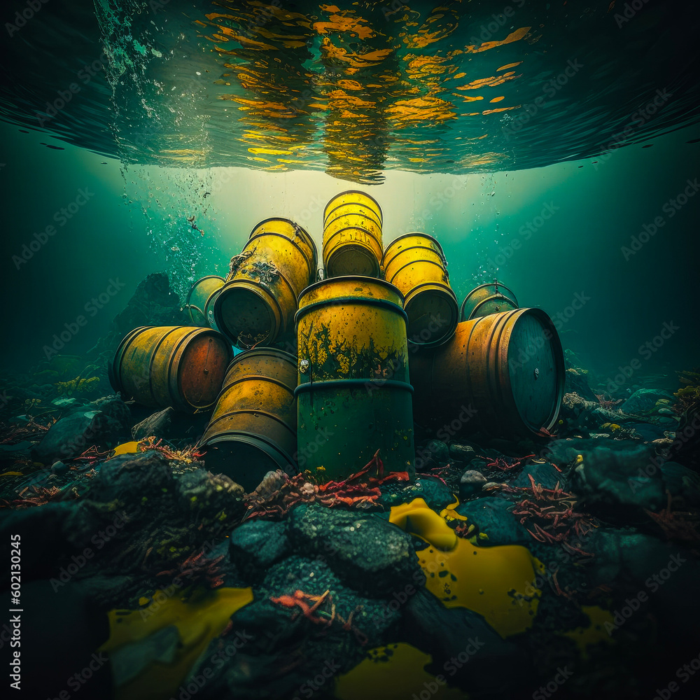 Rusty barrels under water, in the lake / sea, nuclear waste, chemical ...