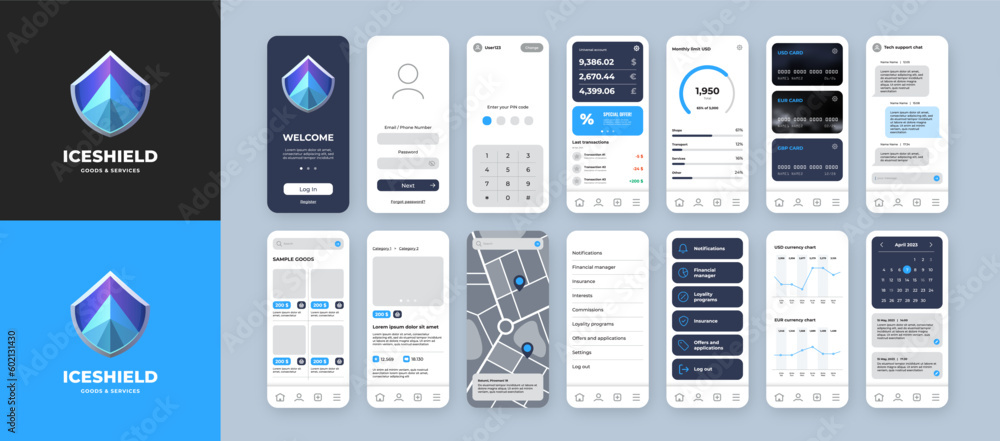 UI UX mobile app template with blue shield gradient logo and bright ...