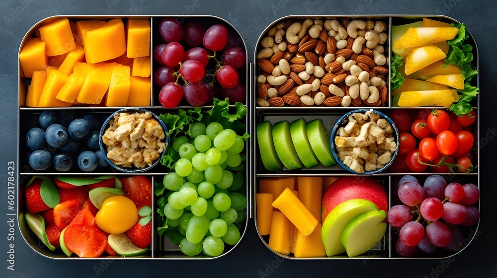 bento box lunch of fresh fruits, nuts, cheese, and other heatly food ...