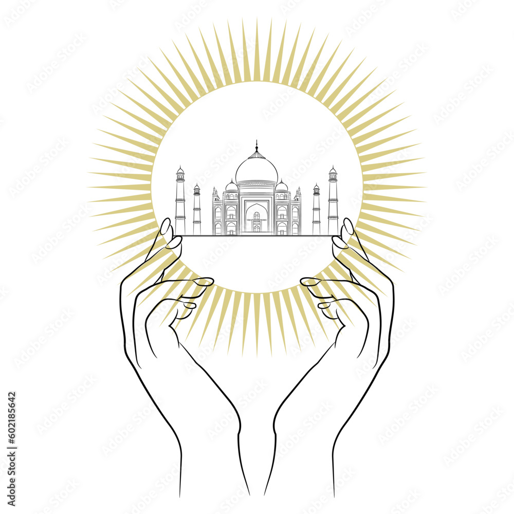 Two raised up beautiful female hands holding Taj Mahal in shining halo ...