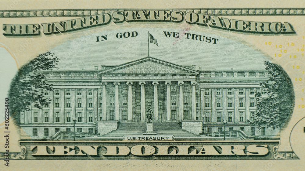 Macro shot image of a 10 dollar bill banknotes. Concept of financial ...