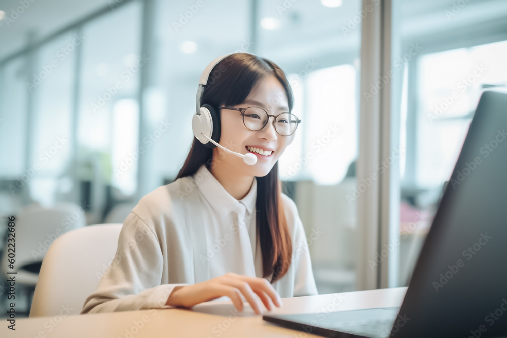 A young Asian woman in an operator headset hard at work, typing on her ...