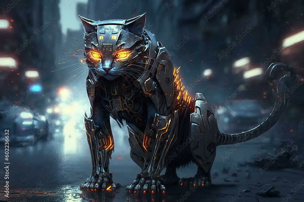 military cat cyborg robot on street of night city of future in style of ...