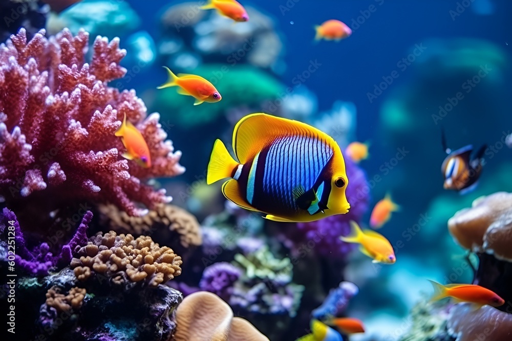 Tropical sea underwater fishes on coral reef. Aquarium oceanarium ...