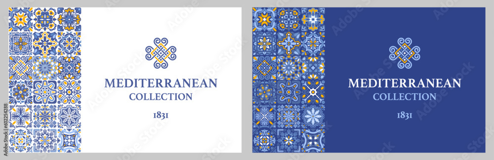 Label or business card template with azulejo mosaic tile pattern, blue ...