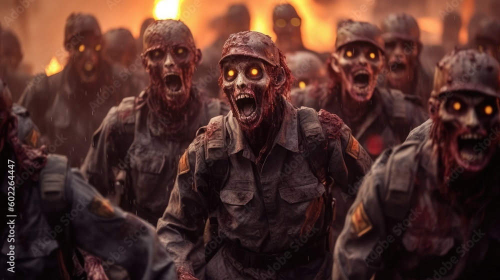 Illustration Stock Army of sinister zombies soldiers with angry ...