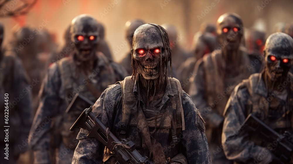 Illustration Stock Army of sinister zombies soldiers with angry ...