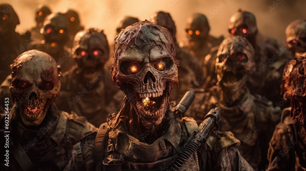 Illustration Stock Army of sinister zombies soldiers with angry laughing on explosions fire ...