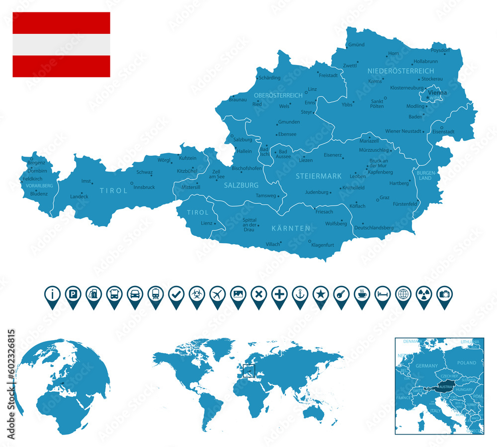 Austria - detailed blue country map with cities, regions, location on ...