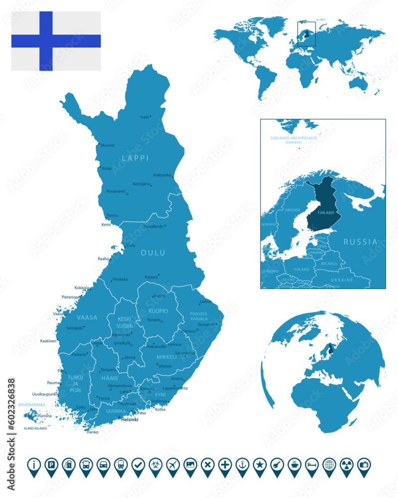 Finland - detailed blue country map with cities, regions, location on ...
