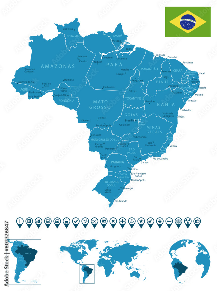 Brazil - detailed blue country map with cities, regions, location on ...