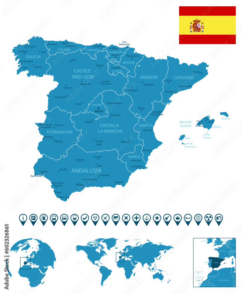 Spain - detailed blue country map with cities, regions, location on ...