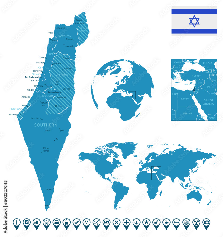 Israel - detailed blue country map with cities, regions, location on ...