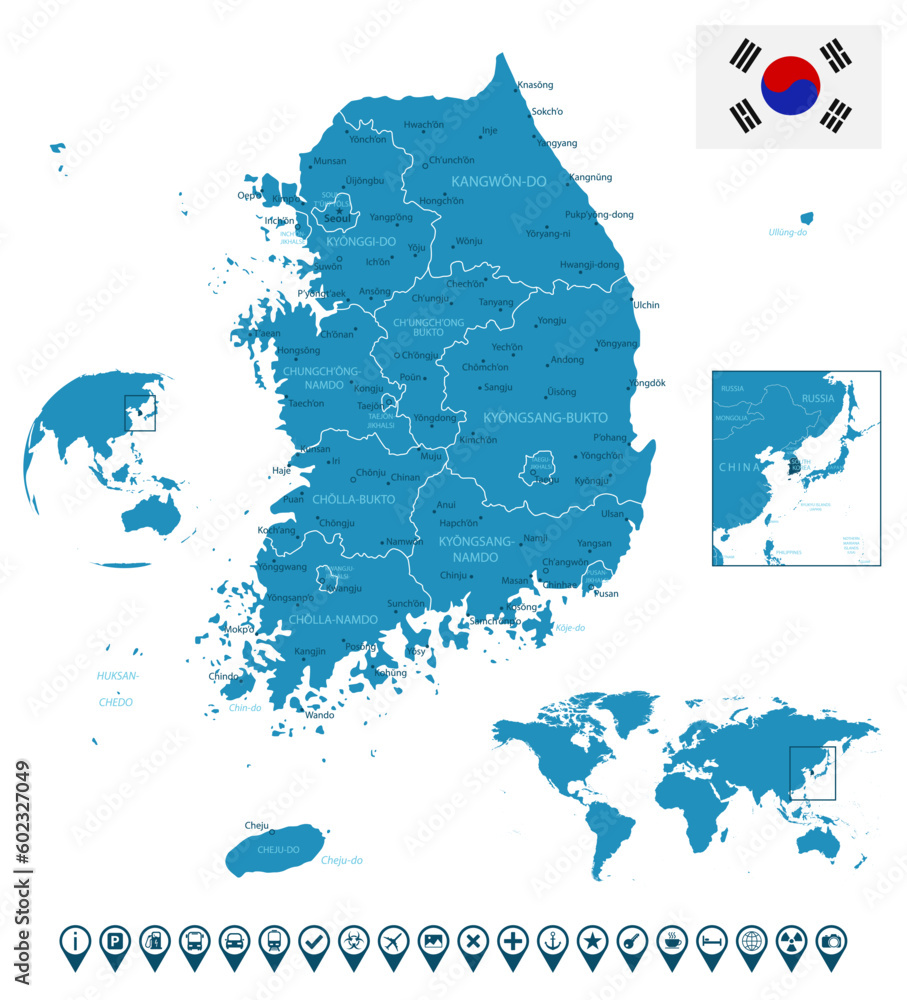 Vector de Stock South Korea - detailed blue country map with cities ...