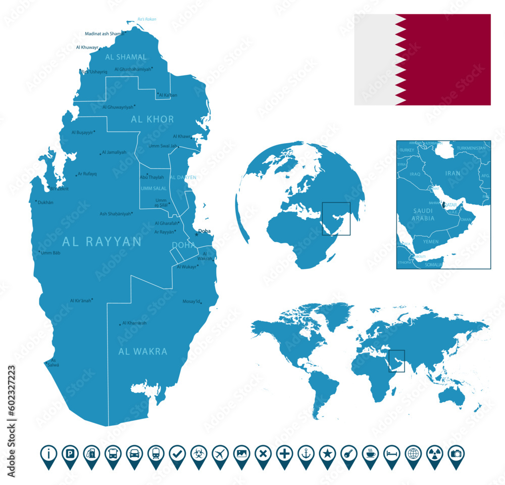 Qatar - detailed blue country map with cities, regions, location on ...