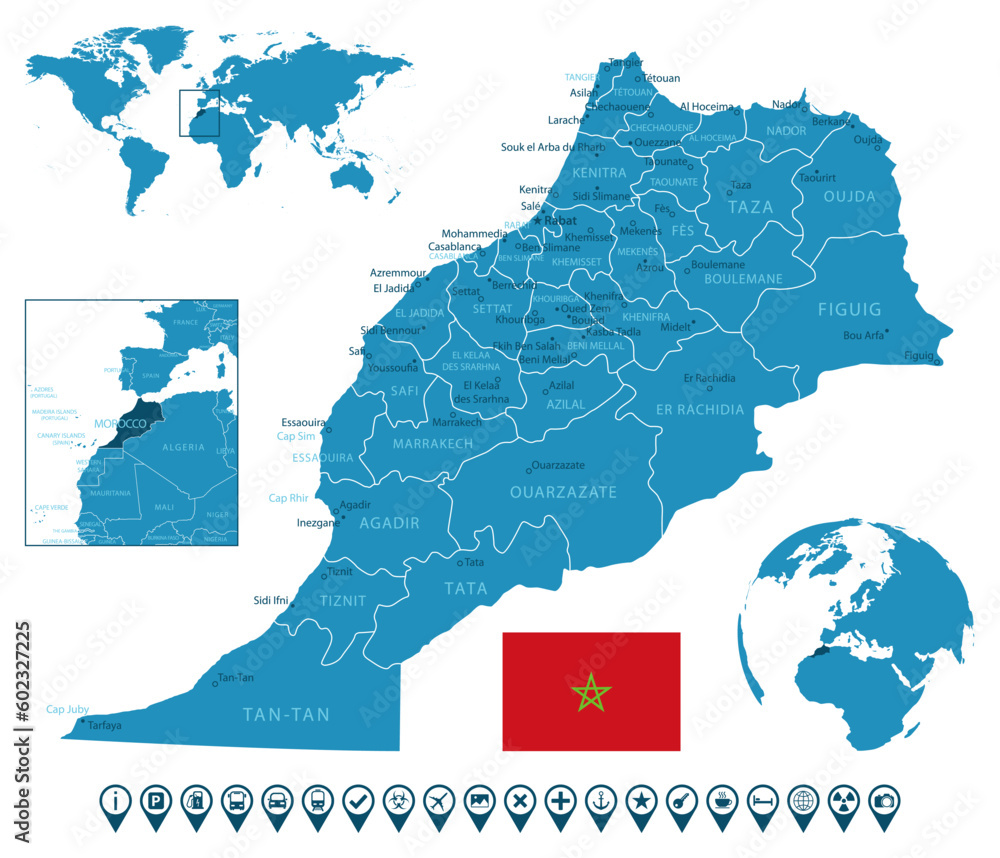 Morocco - detailed blue country map with cities, regions, location on ...