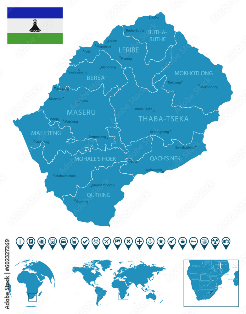 Lesotho - detailed blue country map with cities, regions, location on ...