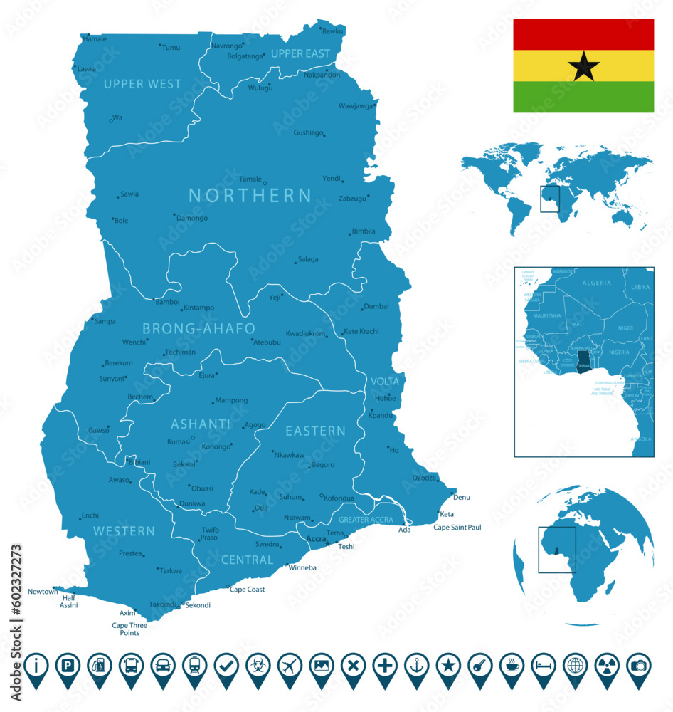 Ghana - detailed blue country map with cities, regions, location on ...