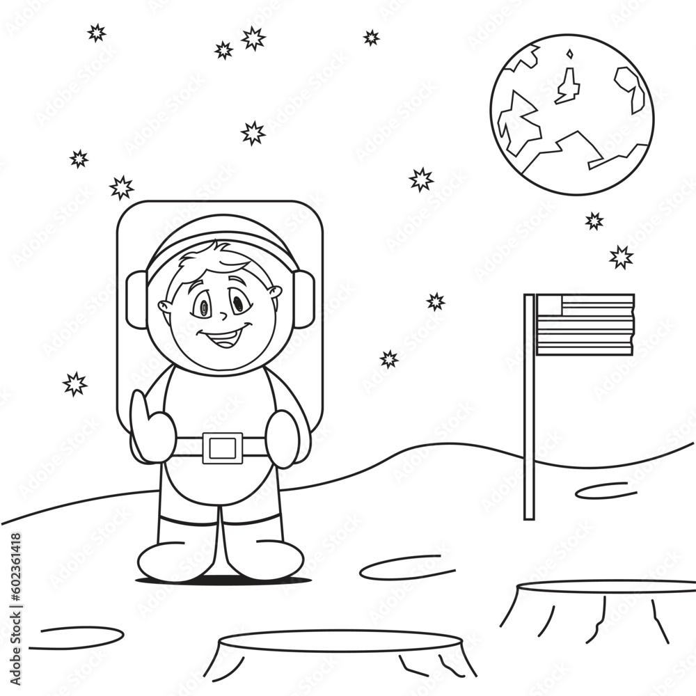 Coloring Page outline of an Astronaut on the Moon with a flag and Earth ...