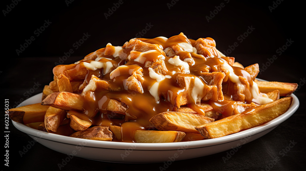 Poutine , french fries and cheese curds topped with a brown ...