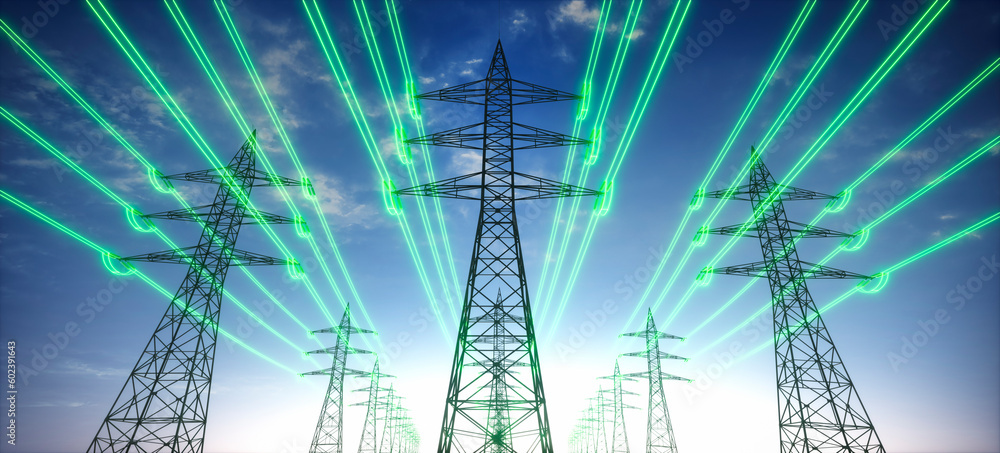 High voltage transmission towers with green glowing wires against blue ...