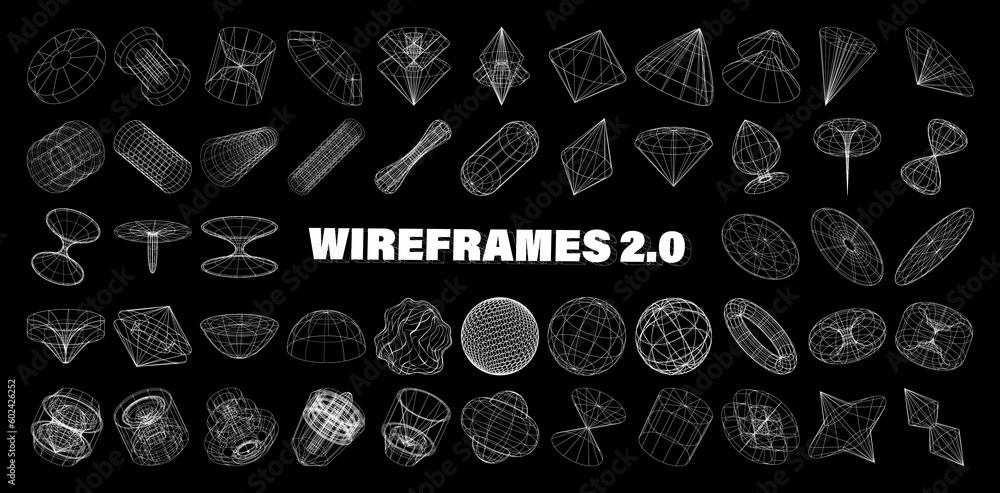 Wireframe 3D geometric shapes, fi holograms, futuristic mechanisms ...